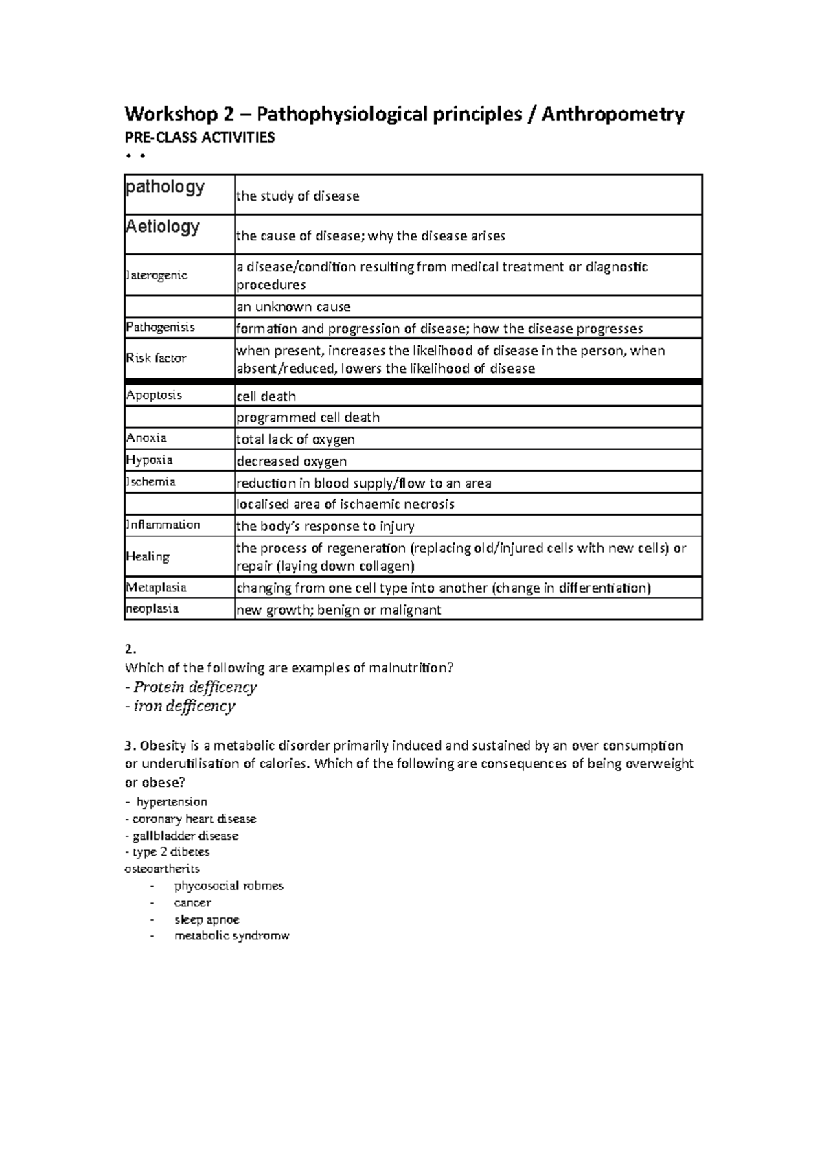 Pathology - Workshop 2 – Pathophysiological principles / Anthropometry ...