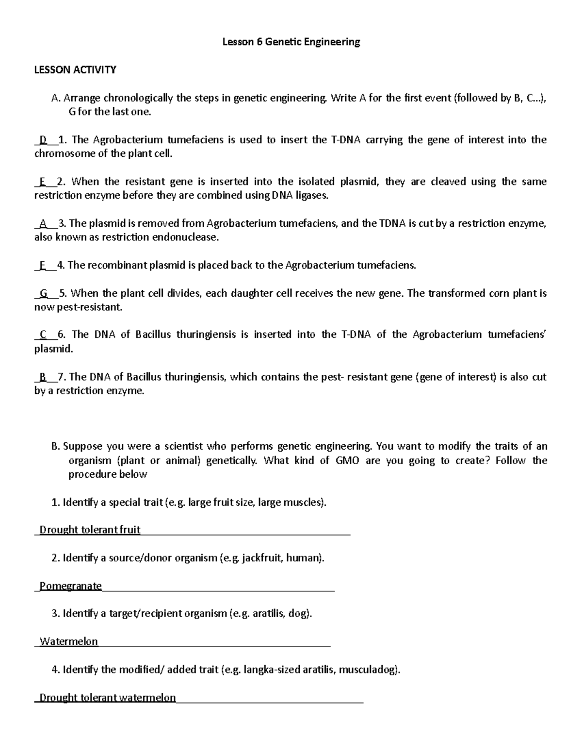 Activity 6 Genetic Engineering - Lesson 6 Genetic Engineering LESSON ...