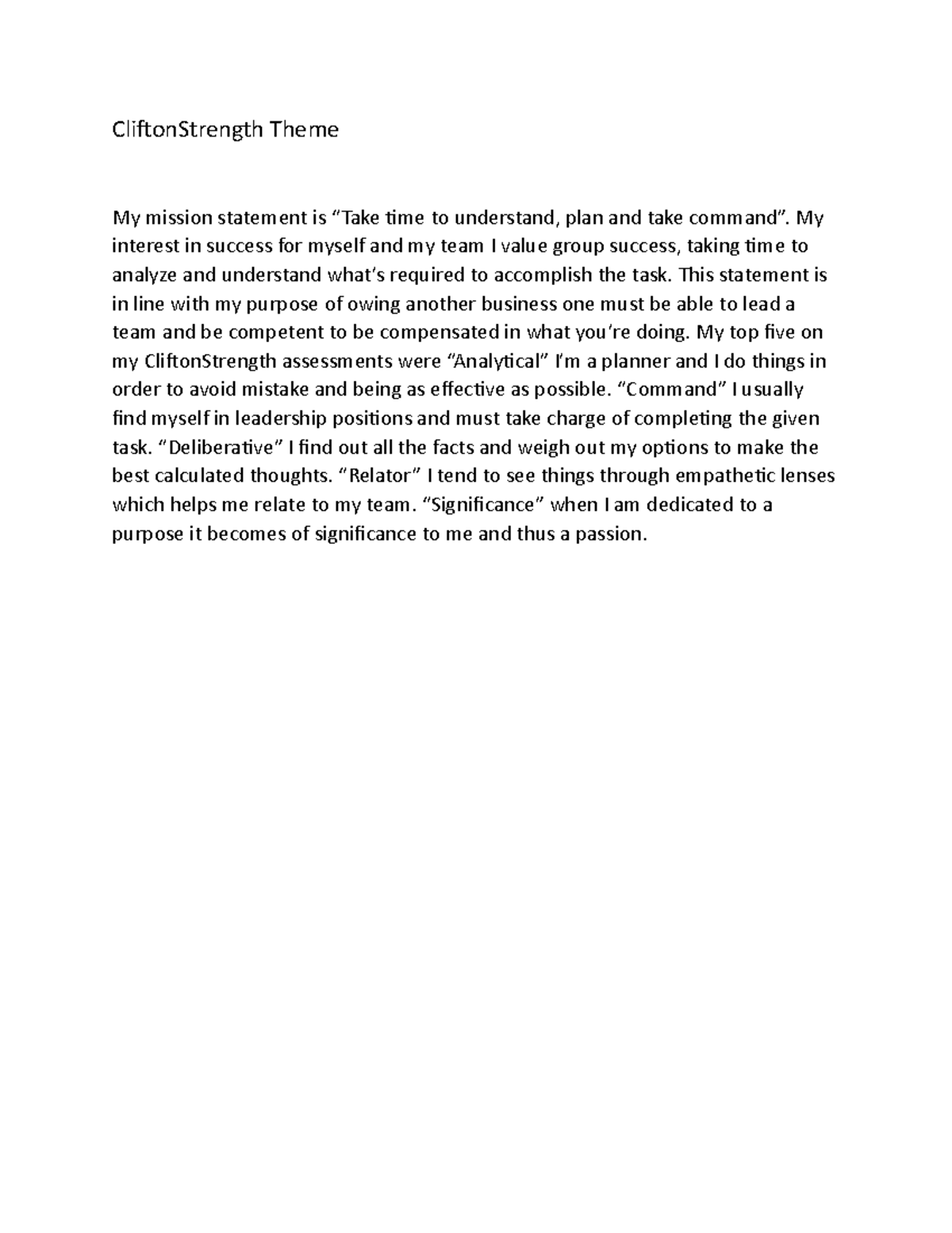 Clifton Strength Theme - CliftonStrength Theme My mission statement is ...