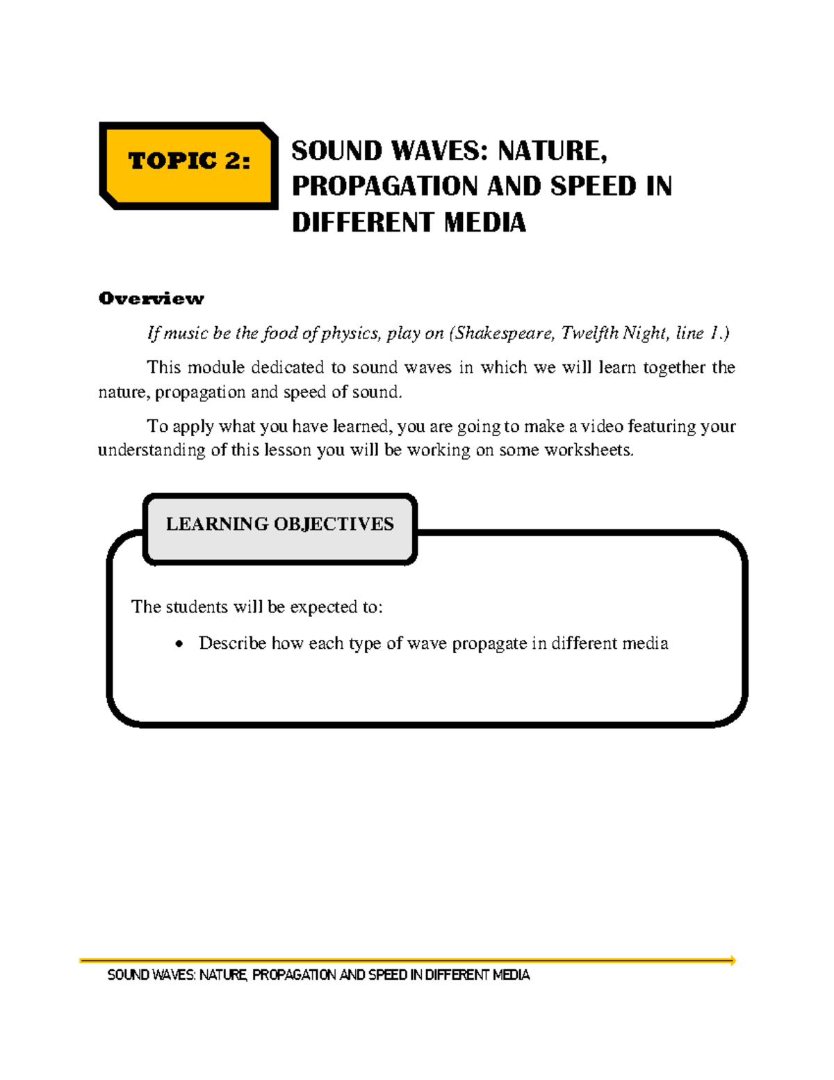 Waves AND Optics WEEK 2 - SOUND WAVES: NATURE, PROPAGATION AND SPEED IN ...