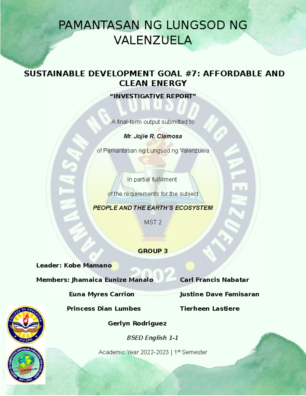 SD GOAL 7 Group 3 - act - PAMANTASAN NG LUNGSOD NG VALENZUELA ...