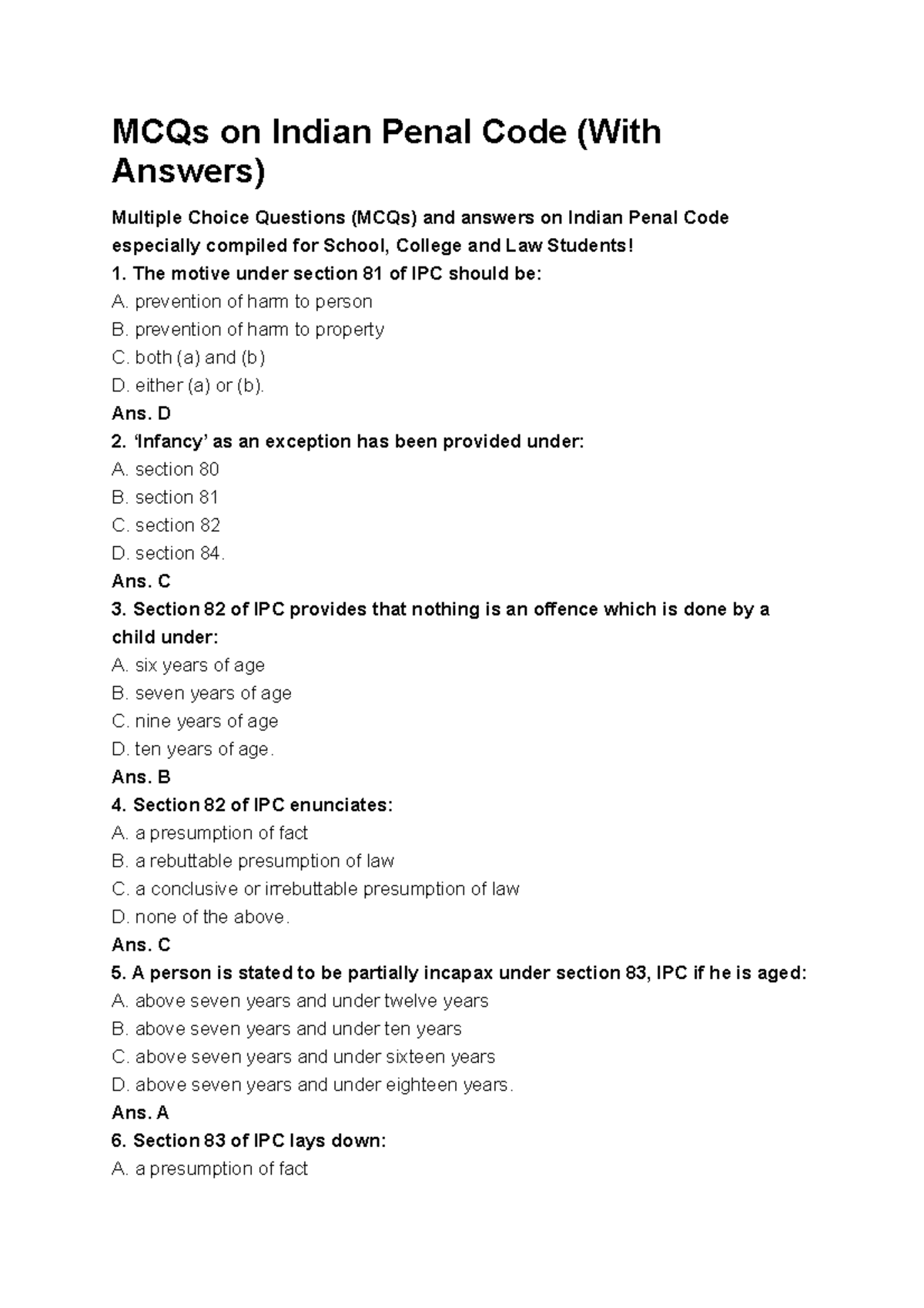 Law of crime Multi choice Questions 2021 - MCQs on Indian Penal Code ...