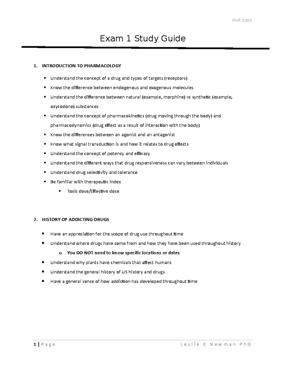 Exam 1 Study Guide - PHR 2400 Exam 1 Study Guide 1. INTRODUCTION TO ...