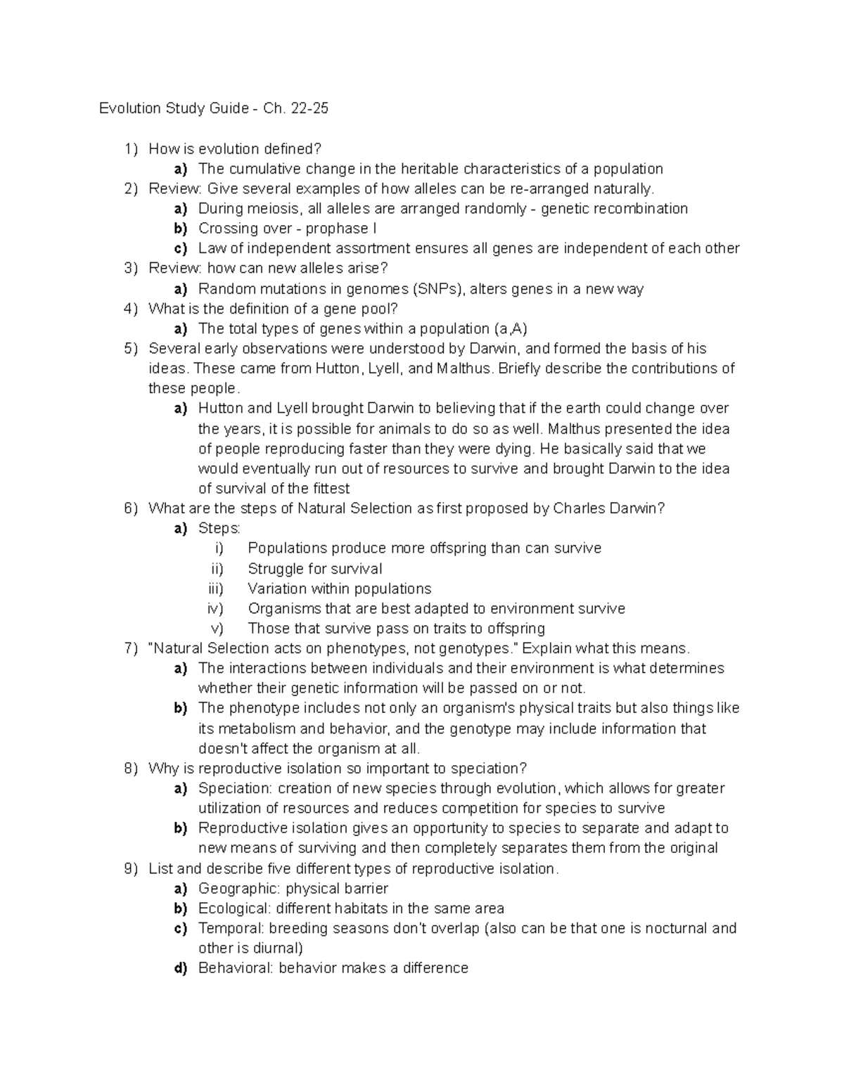 Evolution Study Guide - Lecture notes 2 - Evolution Study Guide - Ch ...