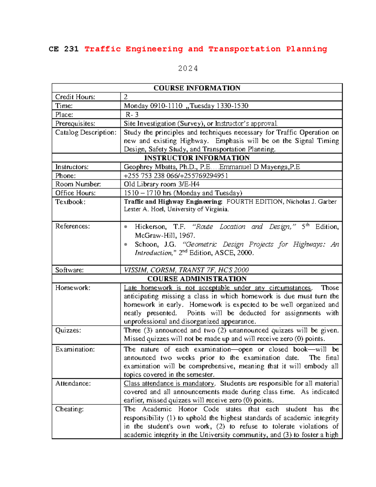 Course Instructions CE231 2024 - CE 231 Traffic Engineering and ...