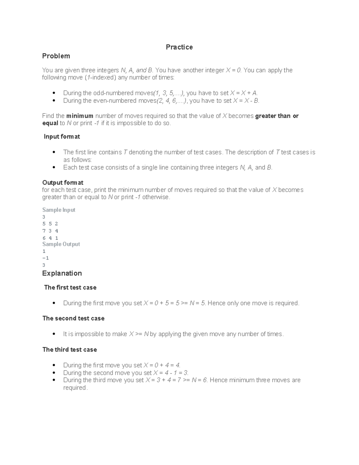 AI lab assignment - Practice Problem You are given three integers N, A ...