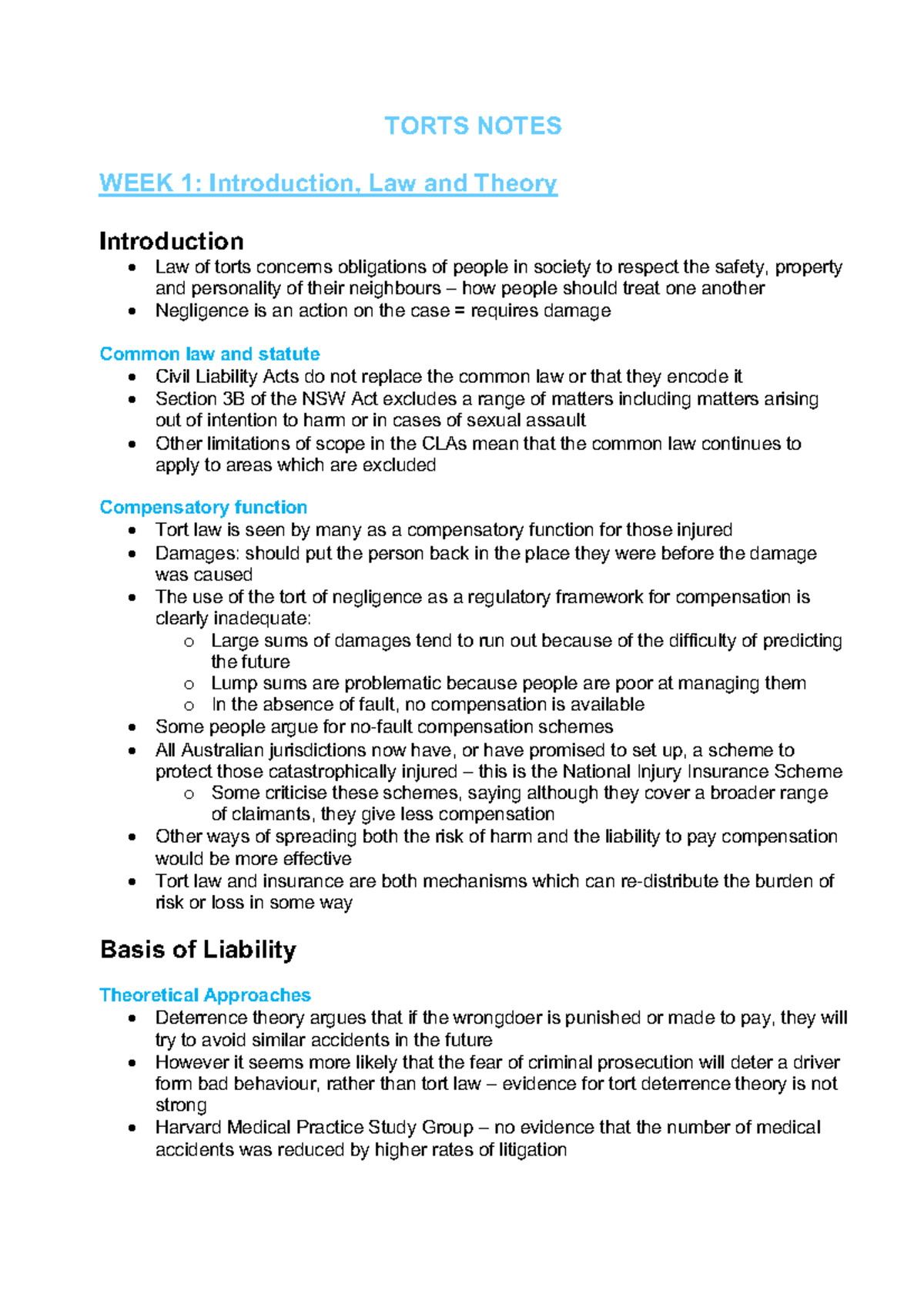 Distinction-torts-notes - TORTS NOTES WEEK 1: Introduction, Law and ...