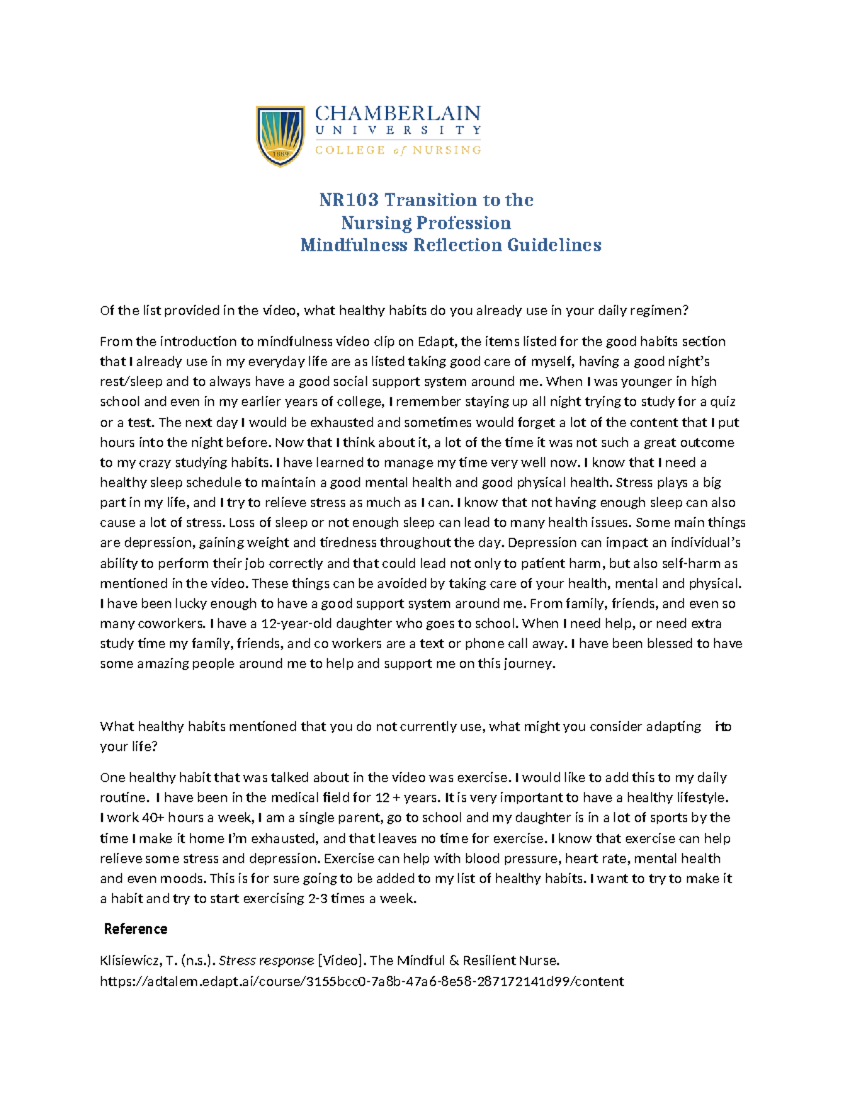 Week 1 reflection - papper - NR103 Transition to the Nursing Profession ...