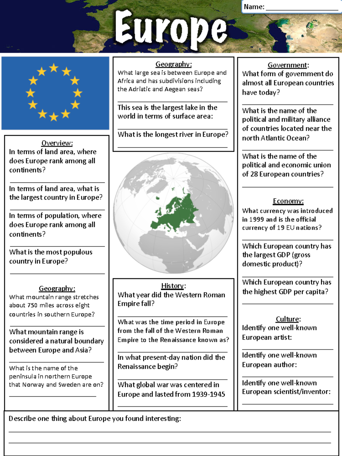 Europe Worksheet - Europe Overview: In terms of land area, where does ...