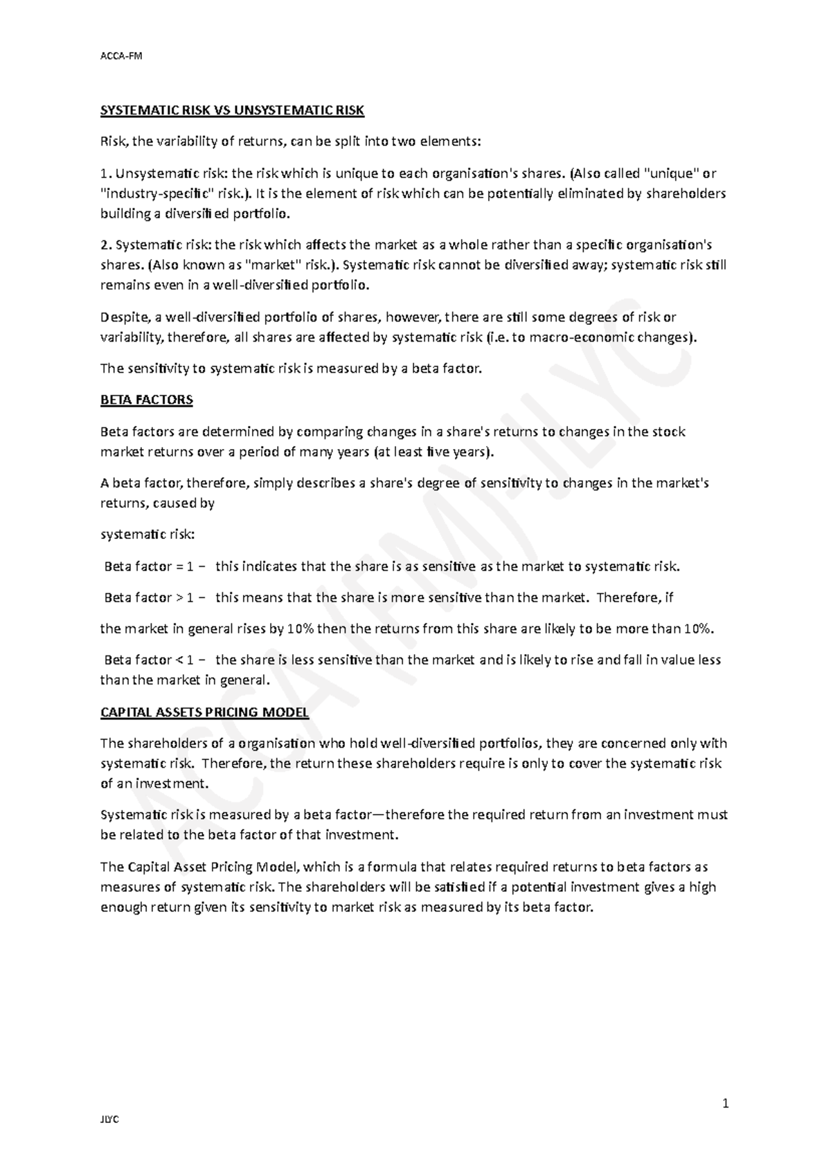 Systematic RISK VS Unsystematic RISK (answers) - 1 SYSTEMATIC RISK VS ...