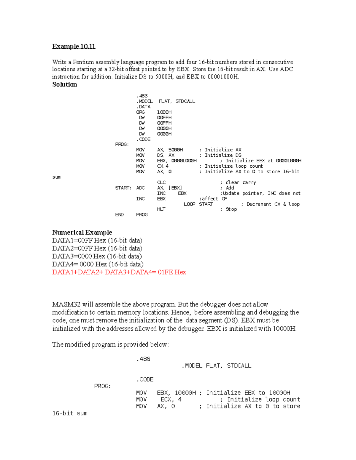 Ex 10.11 - Solution - Example 10. Write a Pentium assembly language program to add four 16-bit ...