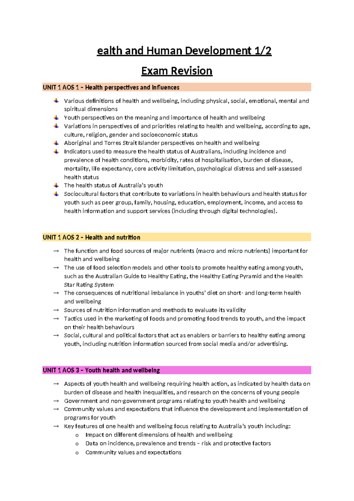 Health and Human Development Unit 1&2 Notes - health and Human ...