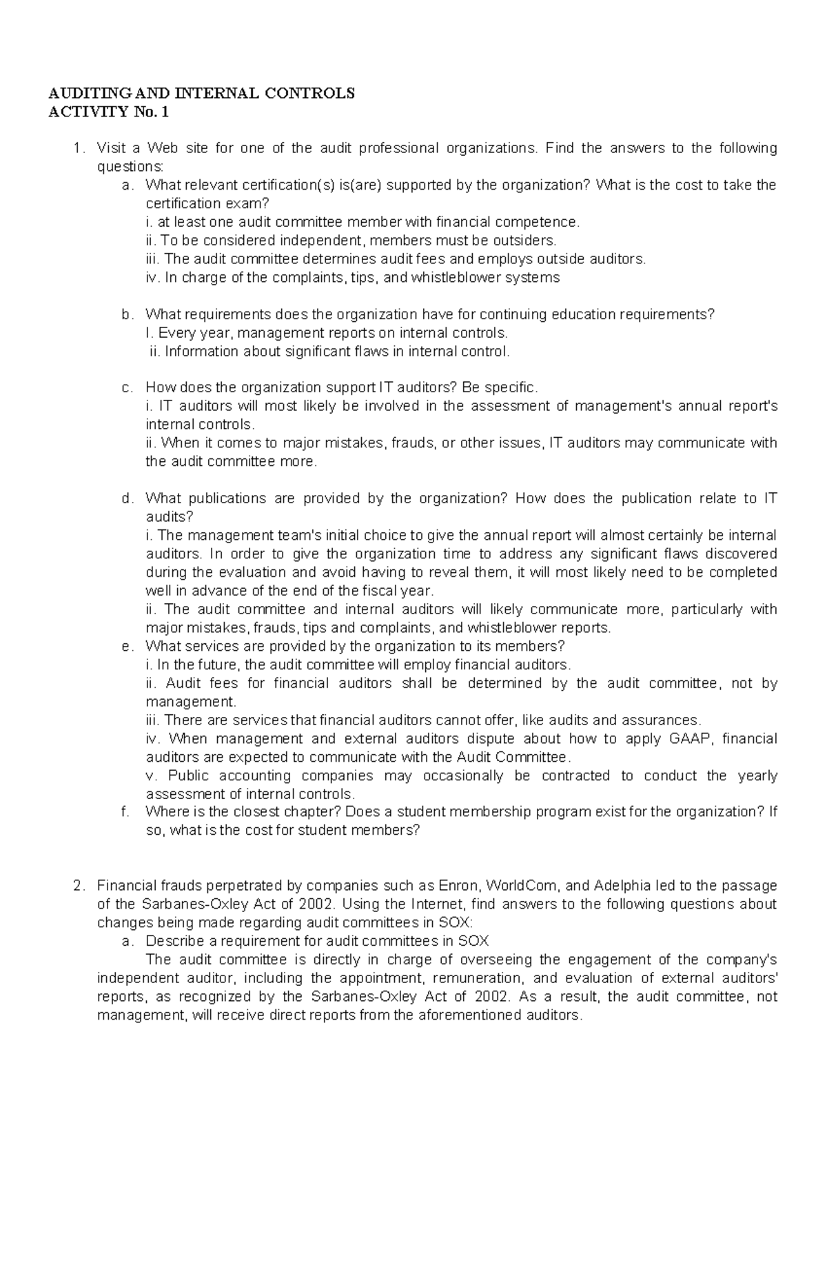 Activity 1 Auditing and Internal Controls - AUDITING AND INTERNAL ...