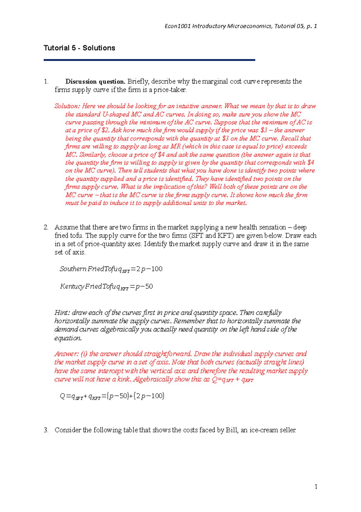 Econ1001 Tutorial 05 Solutions - Econ1001 Introductory Microeconomics, Tutorial 05, p. 1 ...