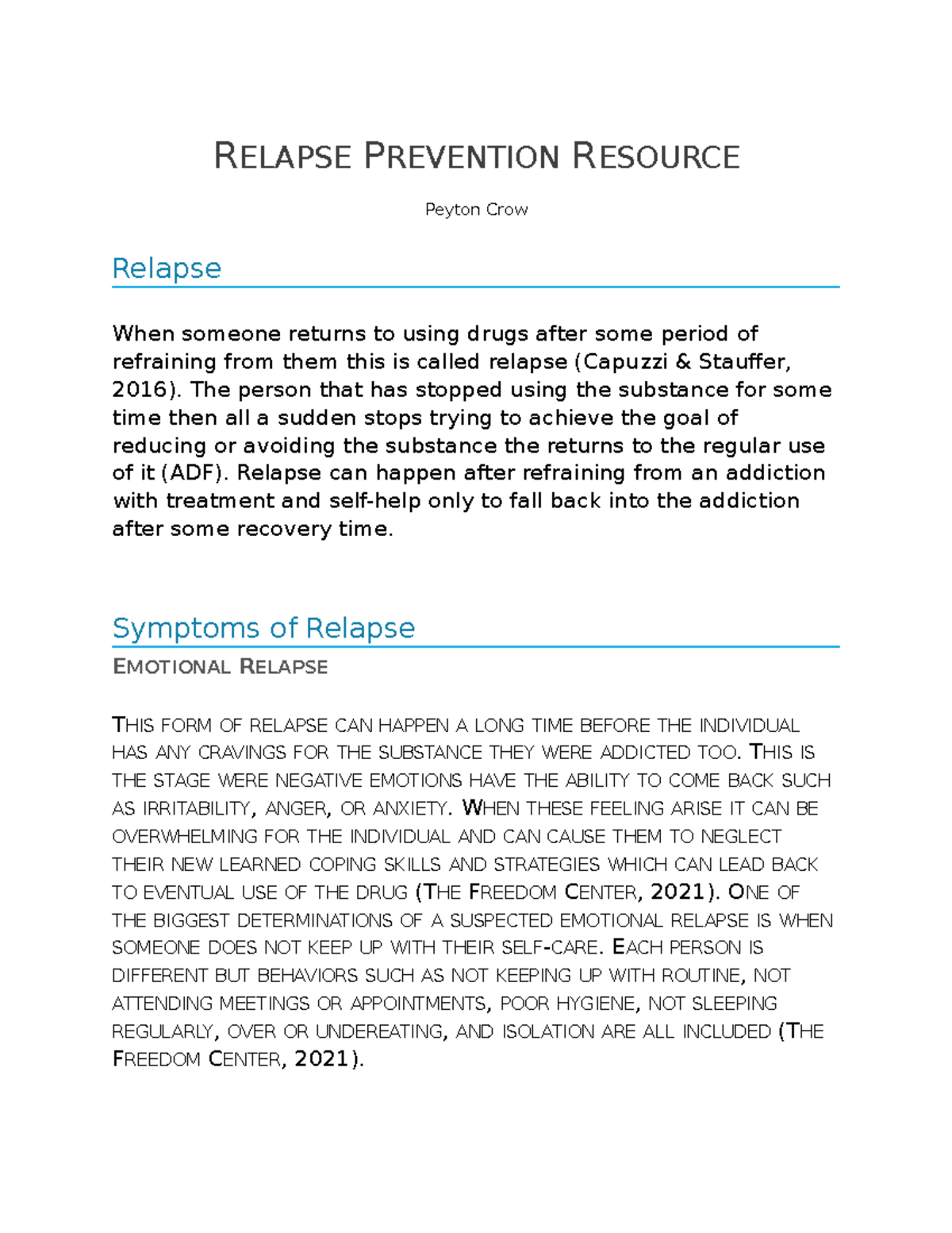Relapse Prevention Resource - RELAPSE PREVENTION RESOURCE Peyton Crow ...