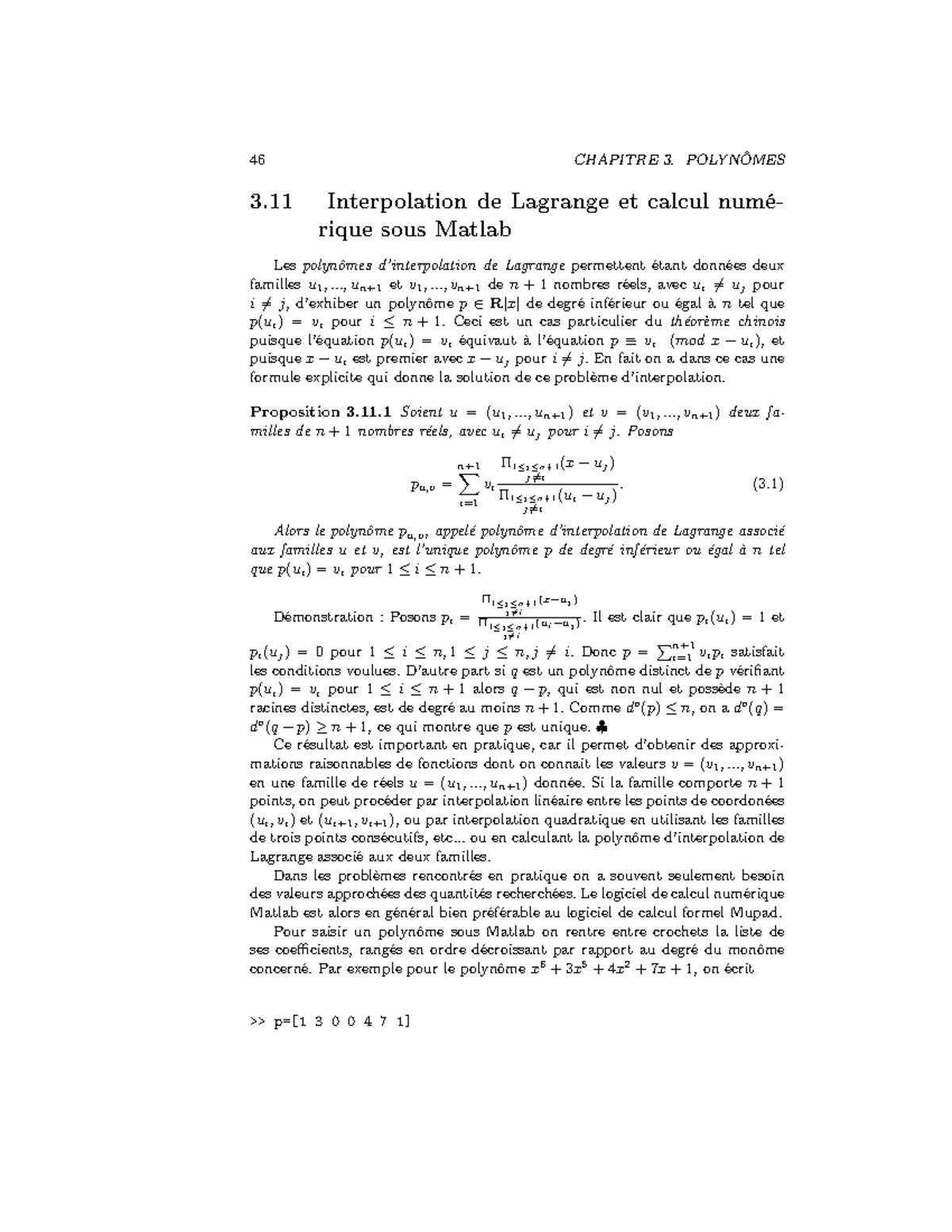 Cours D'algebre-18 - 46 CHAPITRE 3. POLYNÔMES 3 Interpolation de ...