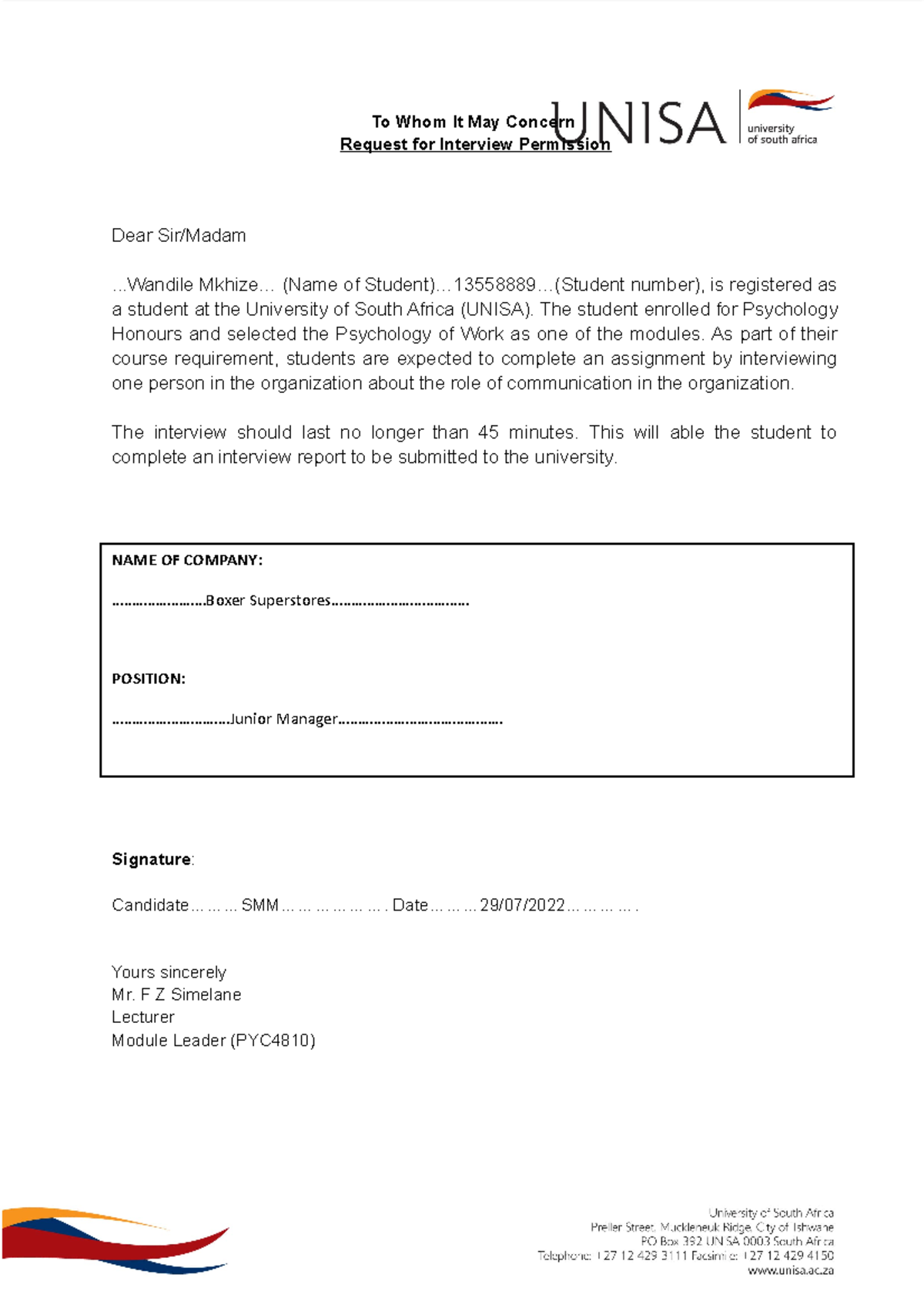 Letter for interview permission - To Whom It May Concern Request for ...