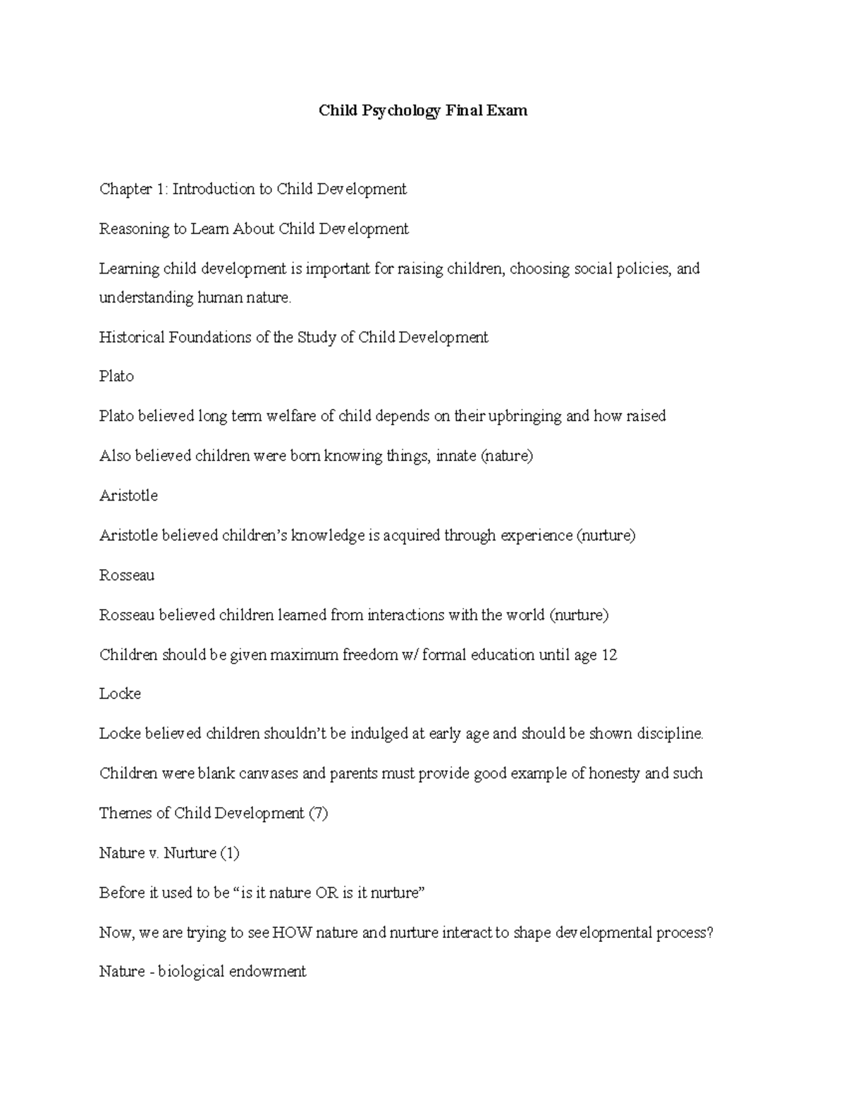 Child Psychology Final Exam - Historical Foundations of the Study of ...