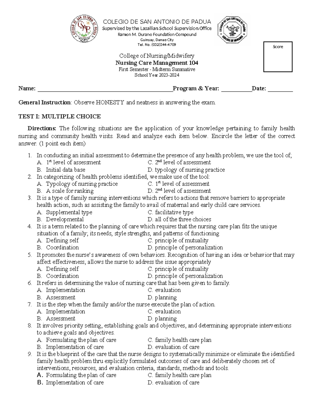 NC 104 Midterm Summative - Score COLEGIO DE SAN ANTONIO DE PADUA Supervised by the Lasallian ...