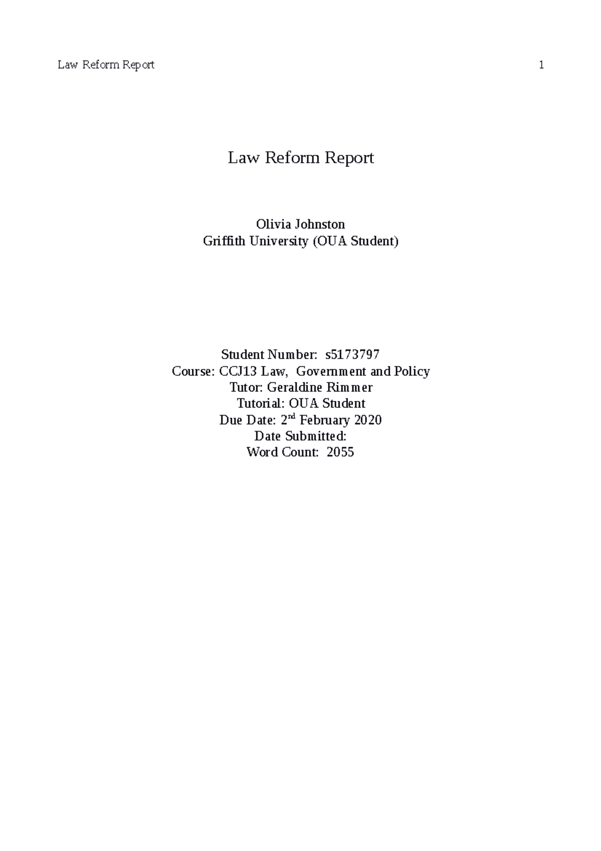 Johnston olivia s5173797 lawreformreport - Law Reform Report Olivia ...
