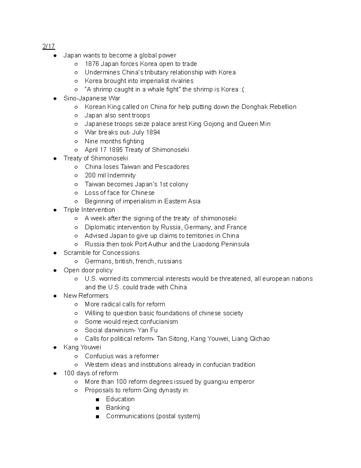 Lecture notes on 2/17 - 2/ Japan wants to become a global power 1876 ...