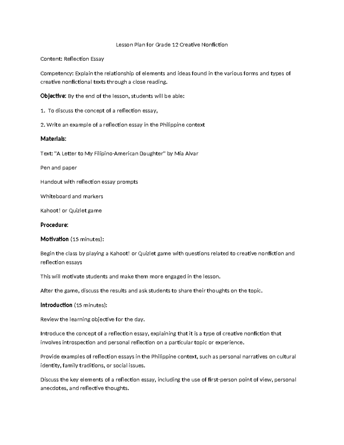Lesson Plan for Grade 12 Creative Nonfiction Reflection Essay - Lesson ...