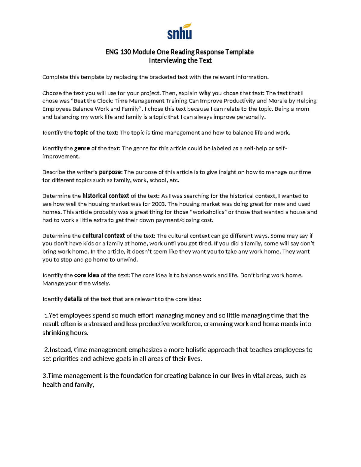 ENG 130 Module One Reading Response Foye - Choose the text you will use ...