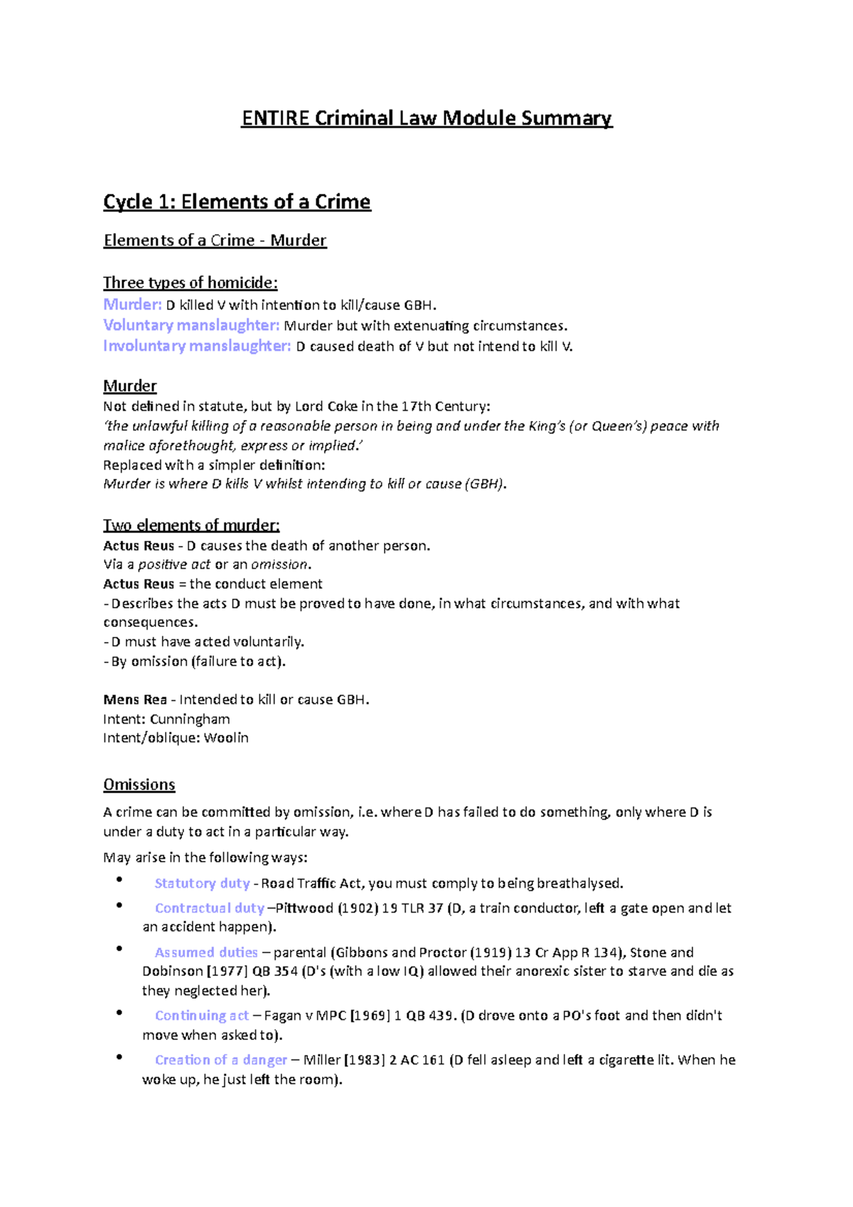 Criminal Law Module Summary: Elements of a Crime Murder Manslaughter ...