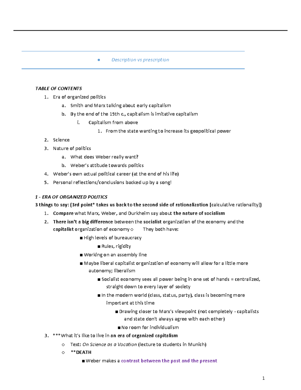 1107 Weber Politics Disenchantment - Description vs prescription TABLE ...