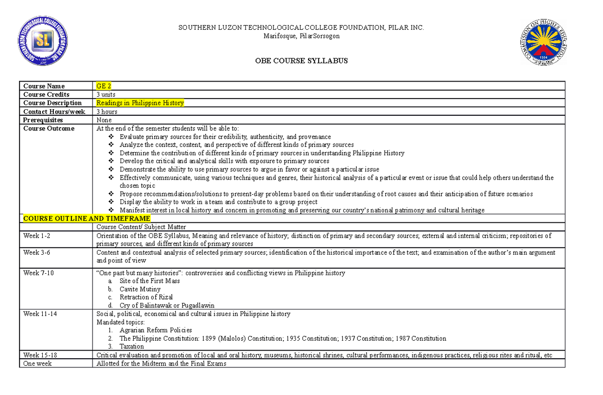 GE 2 Readings IN Philippine History OBE - Marifosque, PilarSorsogon OBE ...