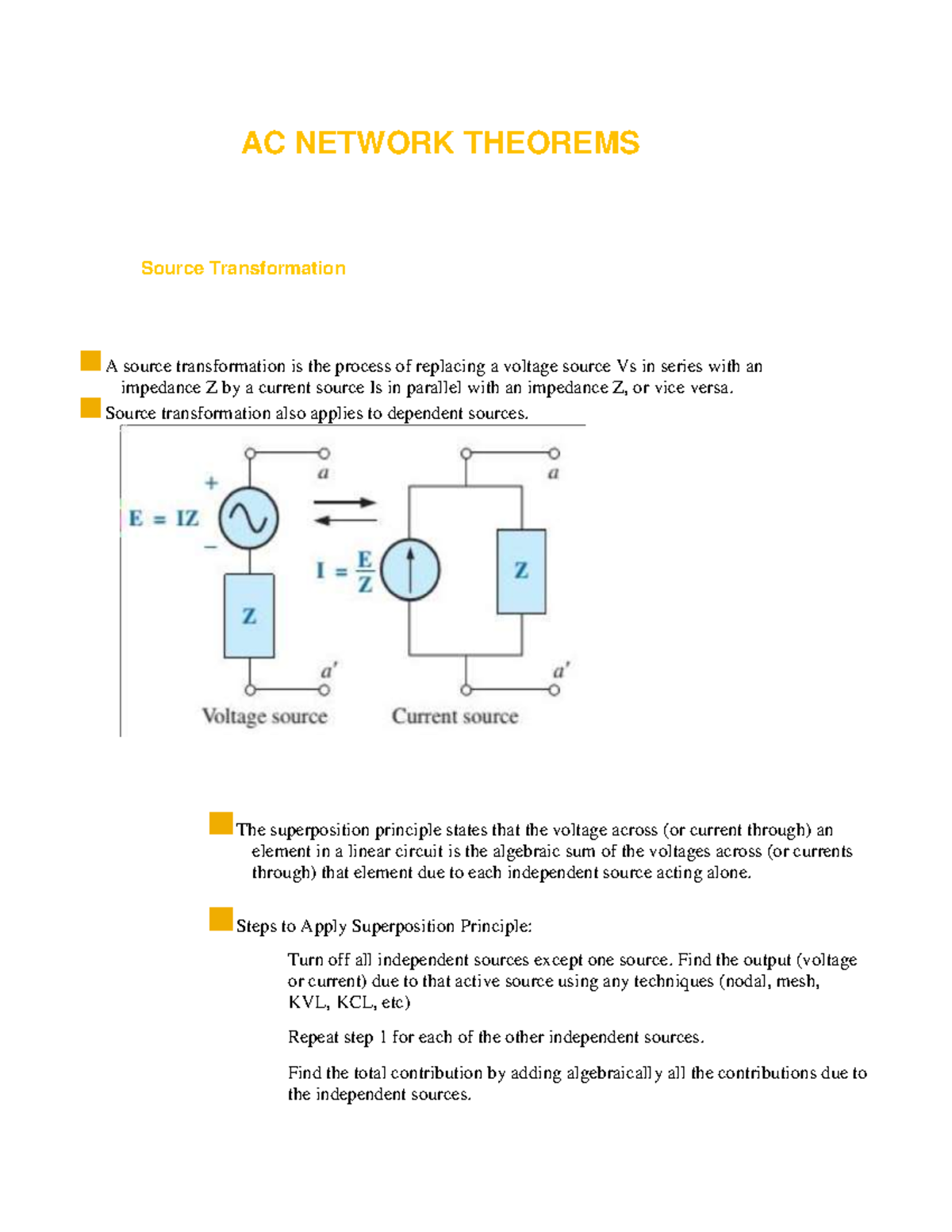 AC Network Theorems - AC NETWORK THEOREMS Source Transformation A ...