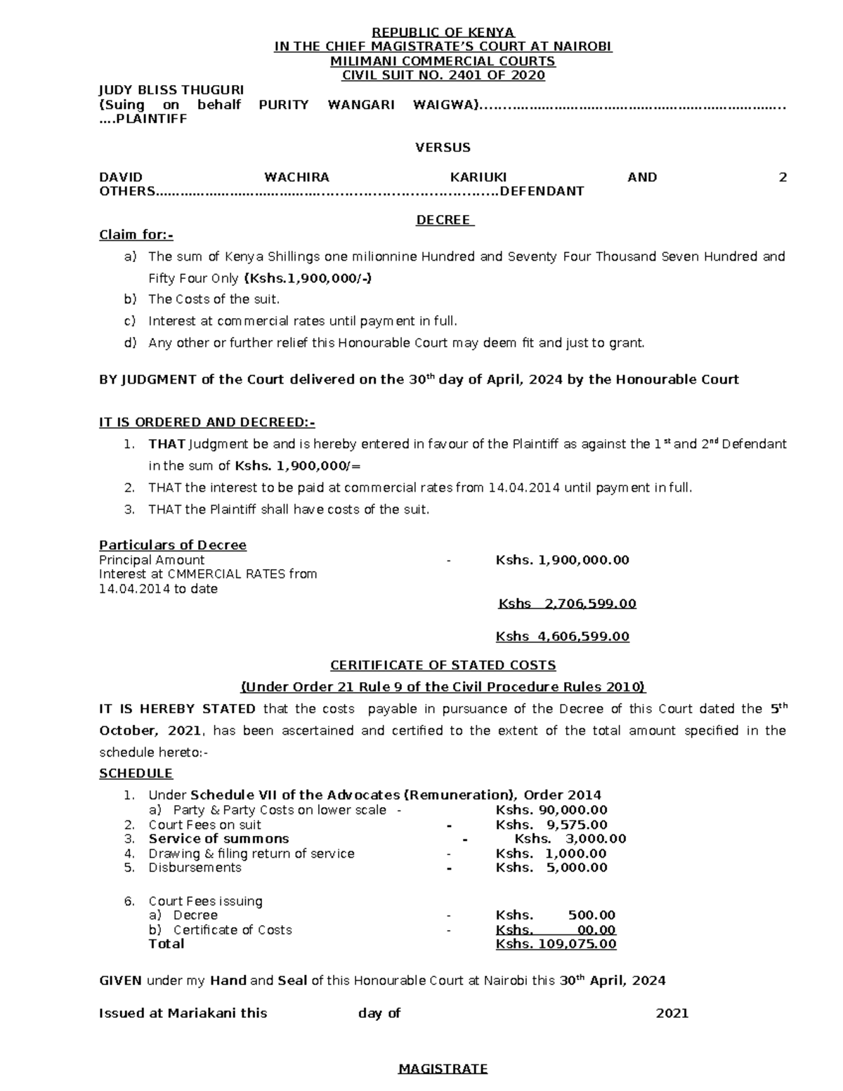 Bliss Draft Decree. 2401 0F 20 - REPUBLIC OF KENYA IN THE CHIEF ...