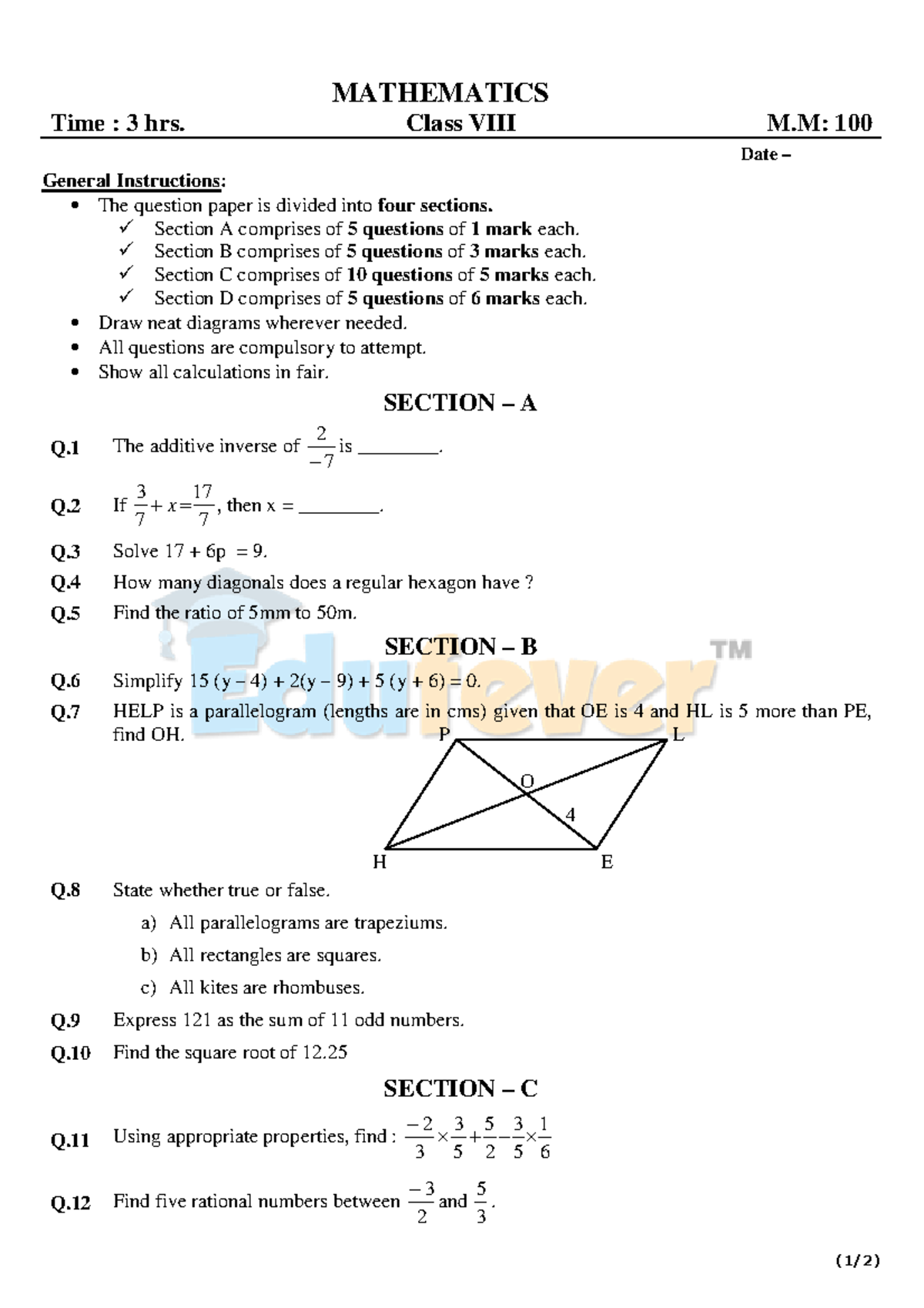 Maths Sample Papers 9 - Very awesome - (1/2) SUMMATIVE ASSESSMENT-I ...