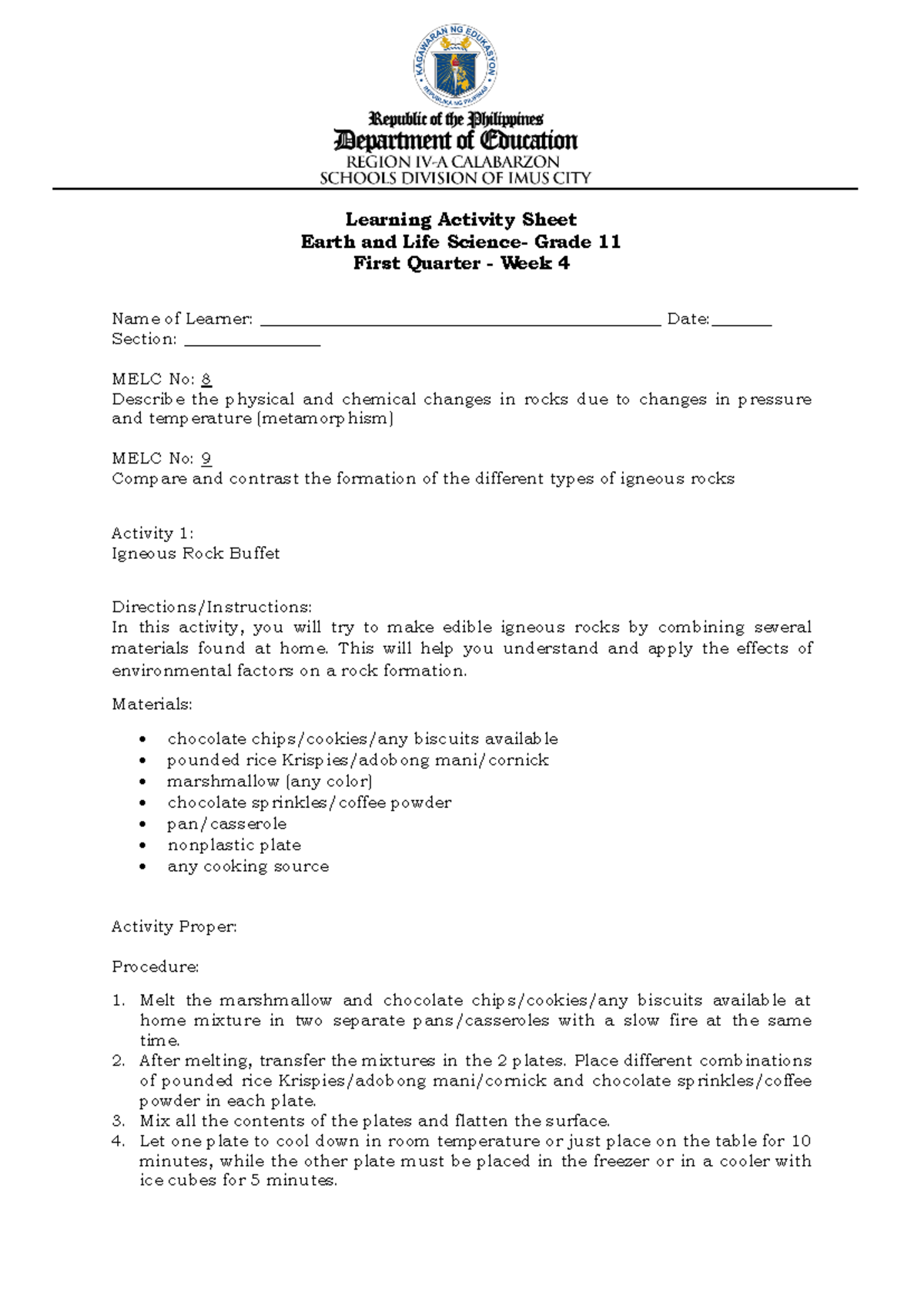 [Template] ELS G11 Q1 W4 LAS - Learning Activity Sheet Earth and Life ...