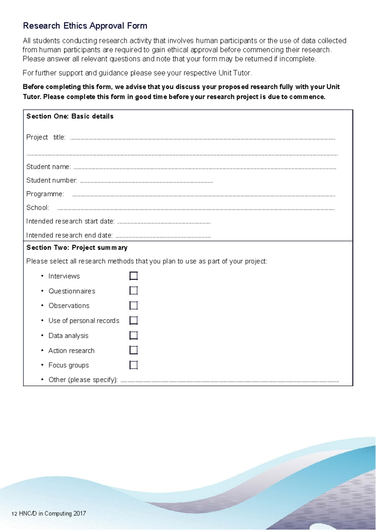 Research Ethics Approval Form - Please answer all relevant questions ...