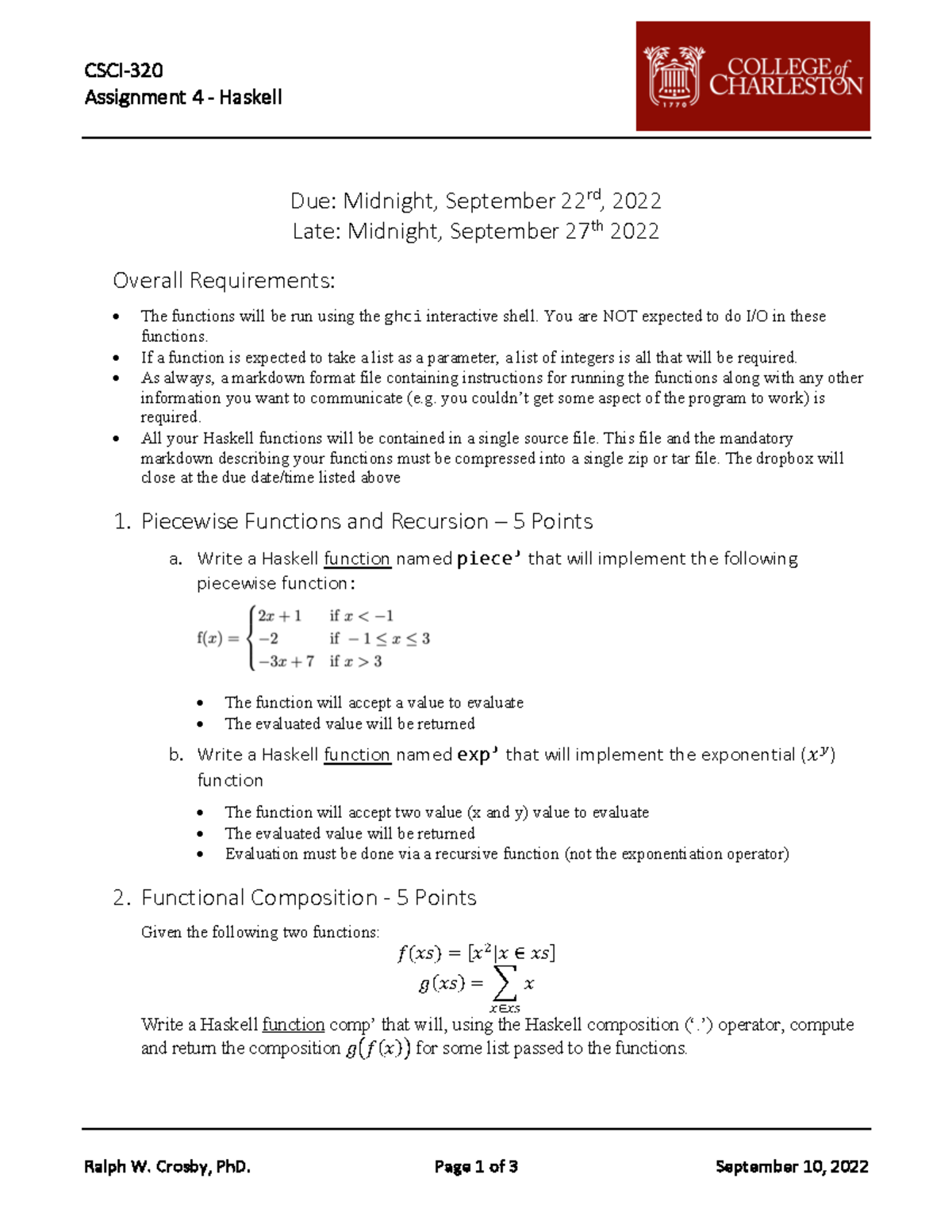 Assignment 4 Haskell Csci 320 Assignment 4 Haskell Ralph W