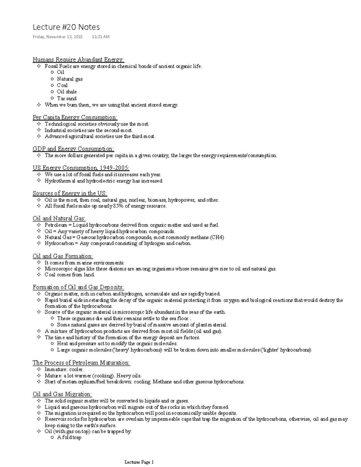 GLG121 20th Lecture Notes - Oil Natural gas Coal Oil shale Tar sand ...