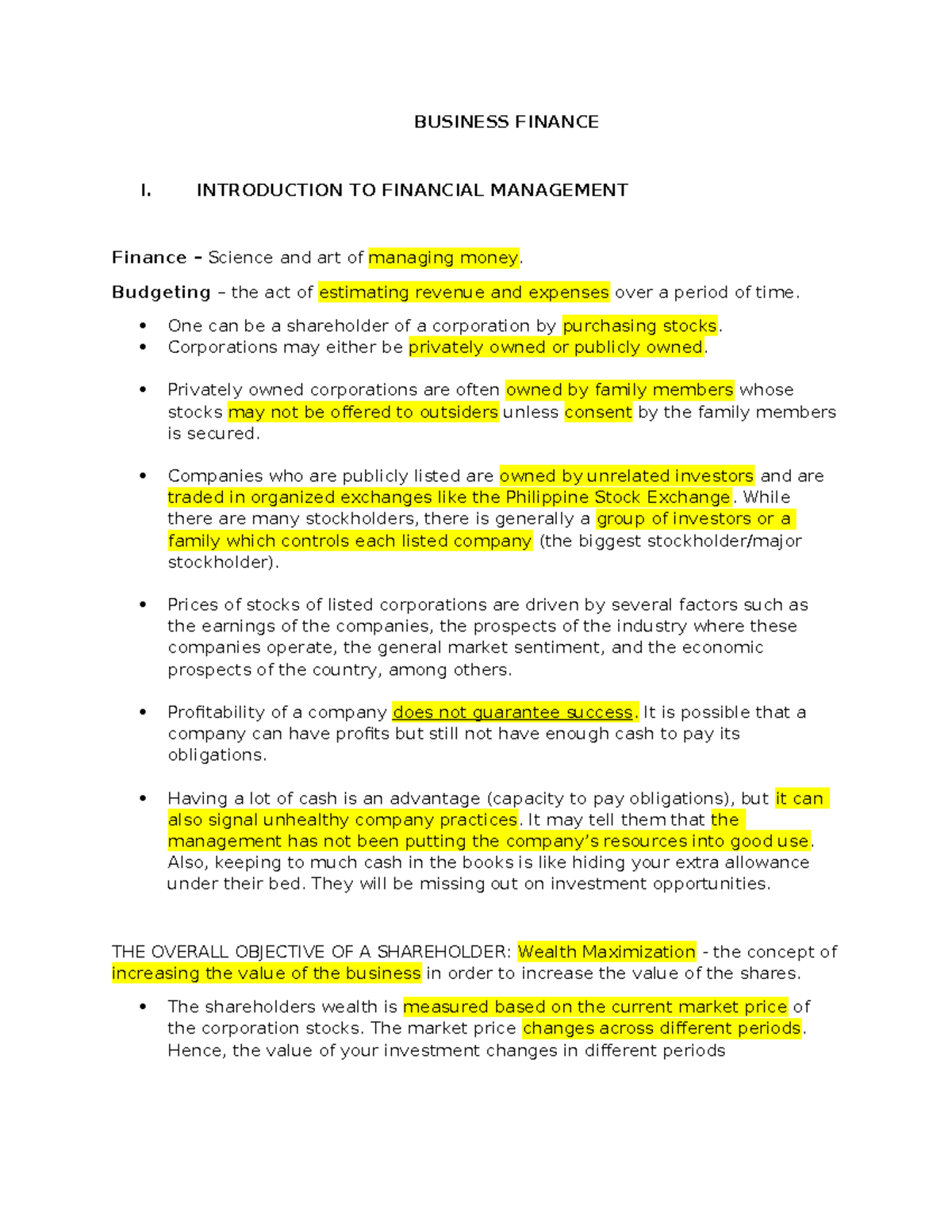 Basic Business Finance - BUSINESS FINANCE I. INTRODUCTION TO FINANCIAL ...