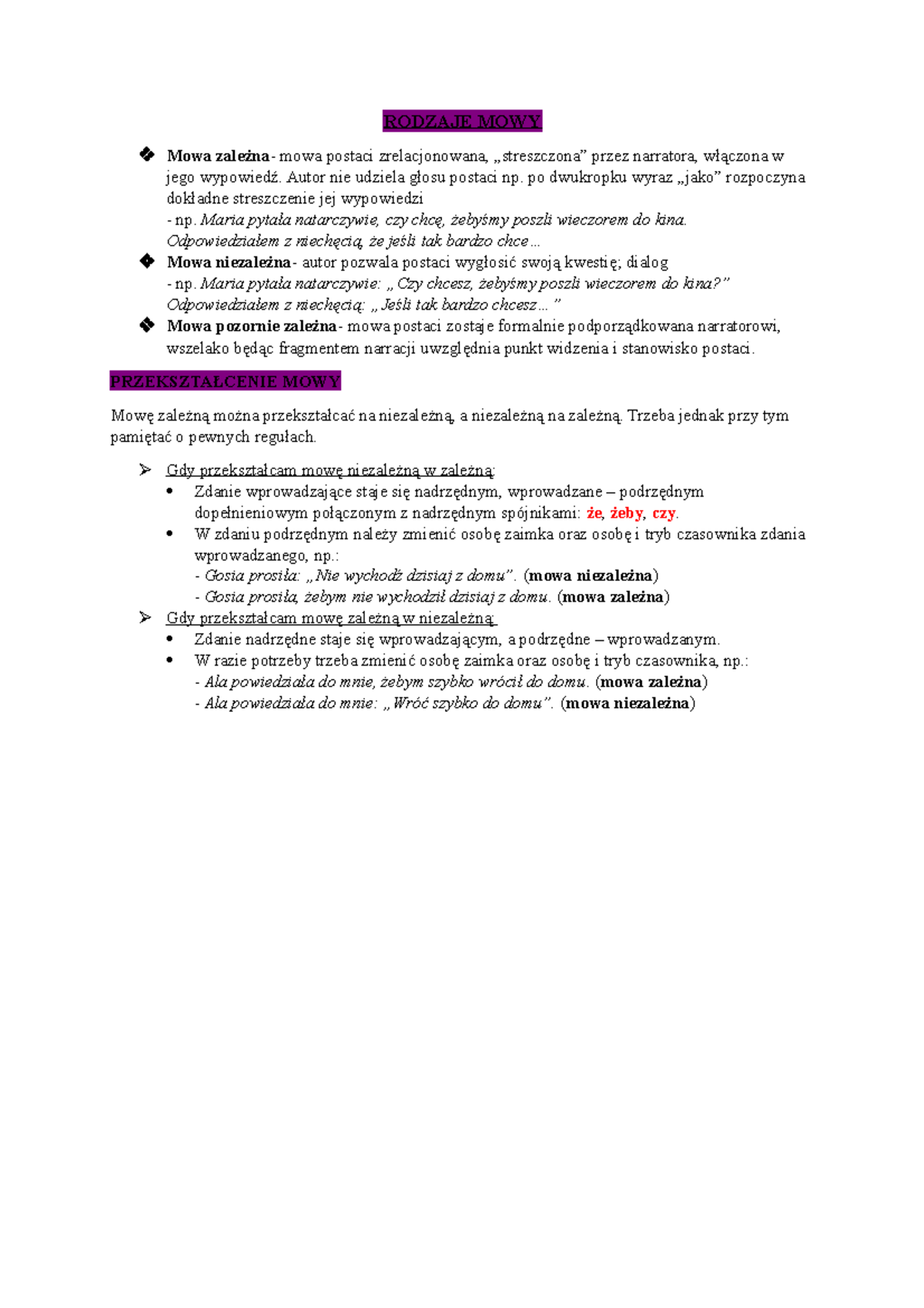 Rodzaje mowy- notatka - RODZAJE MOWY Mowa zależna - mowa postaci ...