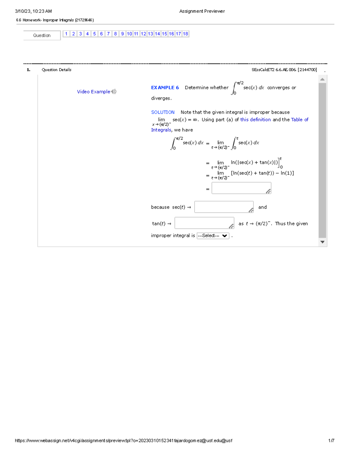 HW - Improper integrals - Question 1 2 3 4 5 6 7 8 9 10 11 12 13 14 15 ...