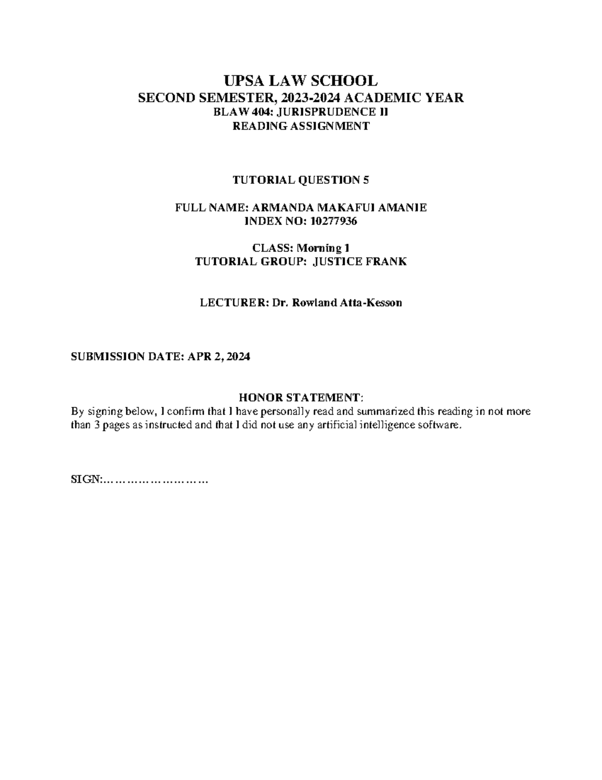 Tutorial 6 Solutions - UPSA LAW SCHOOL SECOND SEMESTER, 2023-2024 ...