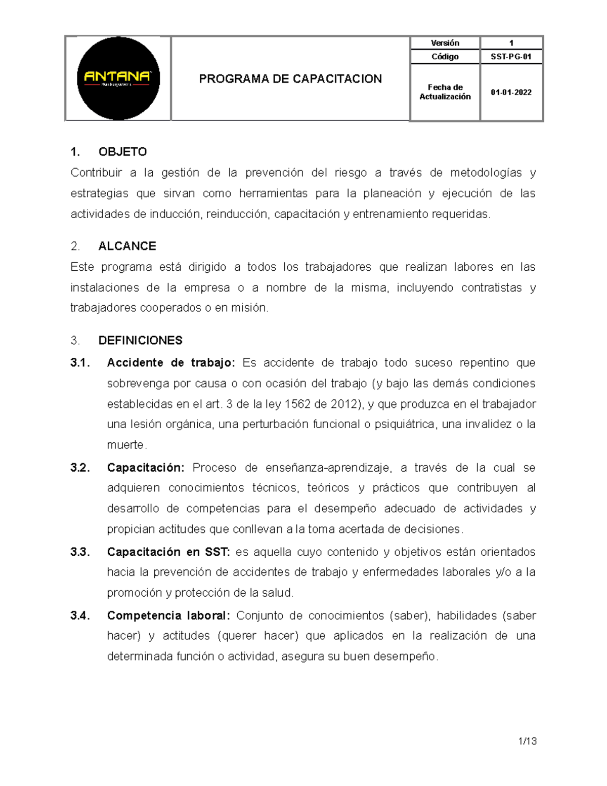 GP Programa de Capacitación - PROGRAMA DE CAPACITACION Código SST-PG- Fecha de Actualización 01 ...