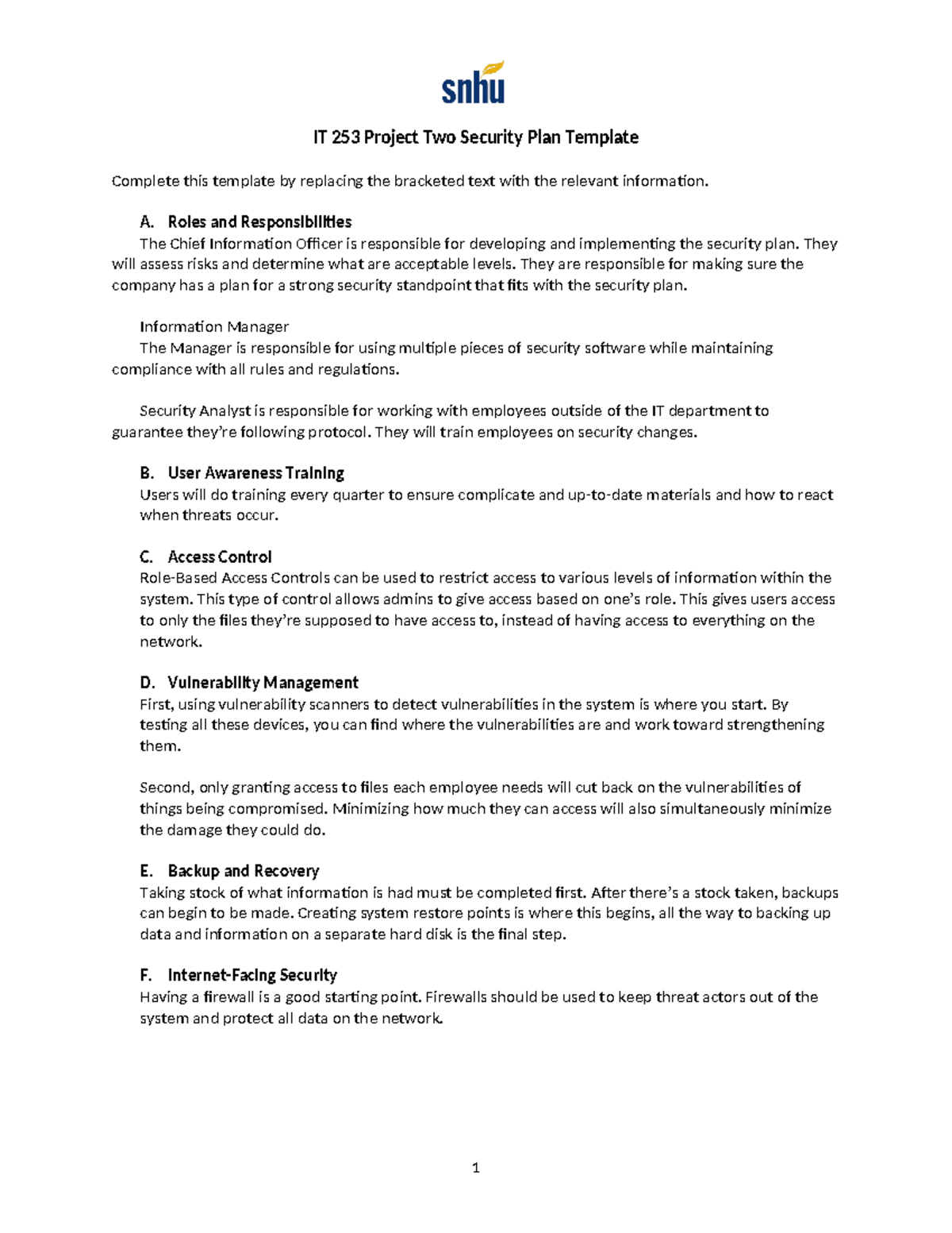 IT 253 Project Two Security Plan - A. Roles and Responsibilities The ...