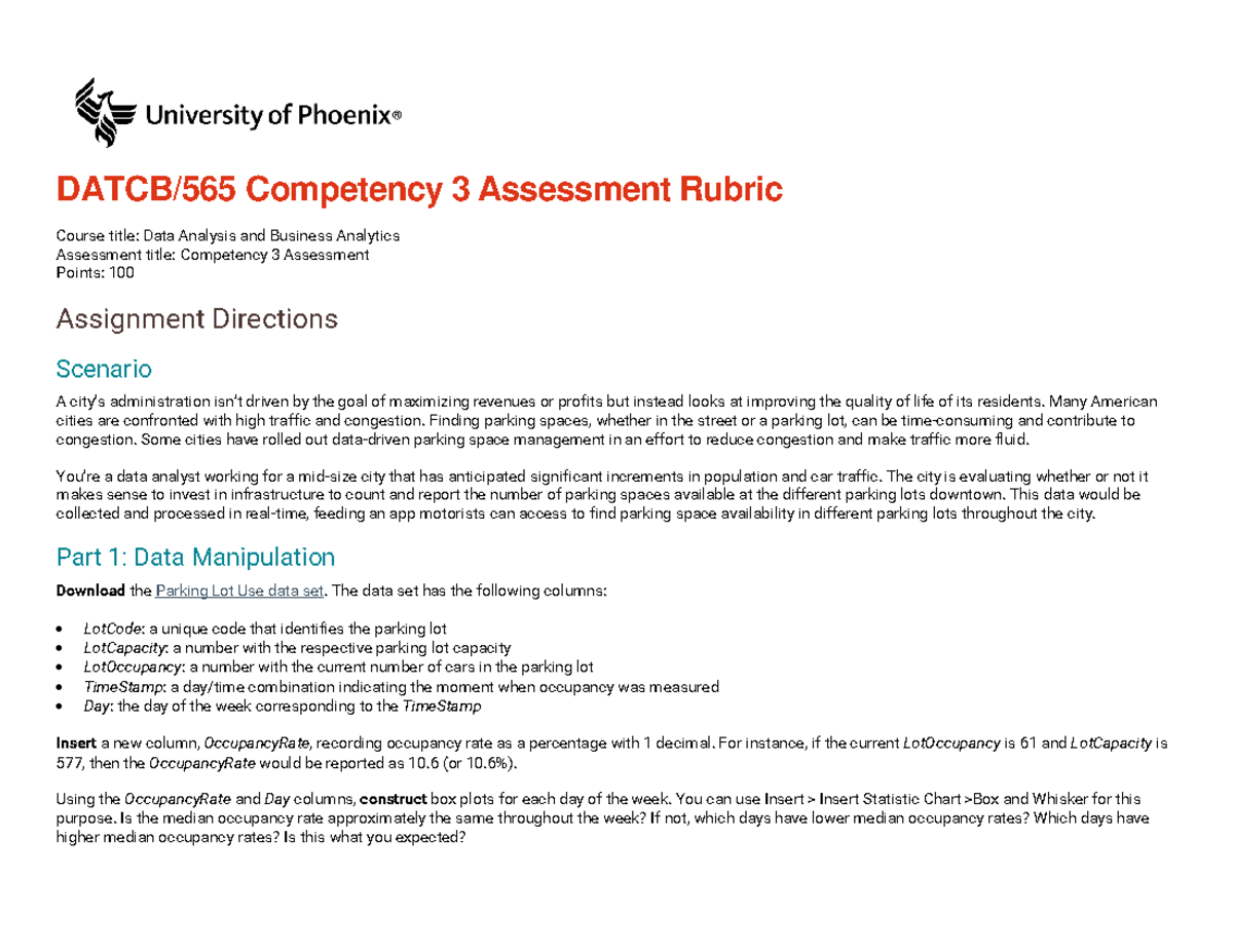 Datcb 565 v1 comp3 rubric - DATCB/565 Competency 3 Assessment Rubric Course title: Data Analysis ...