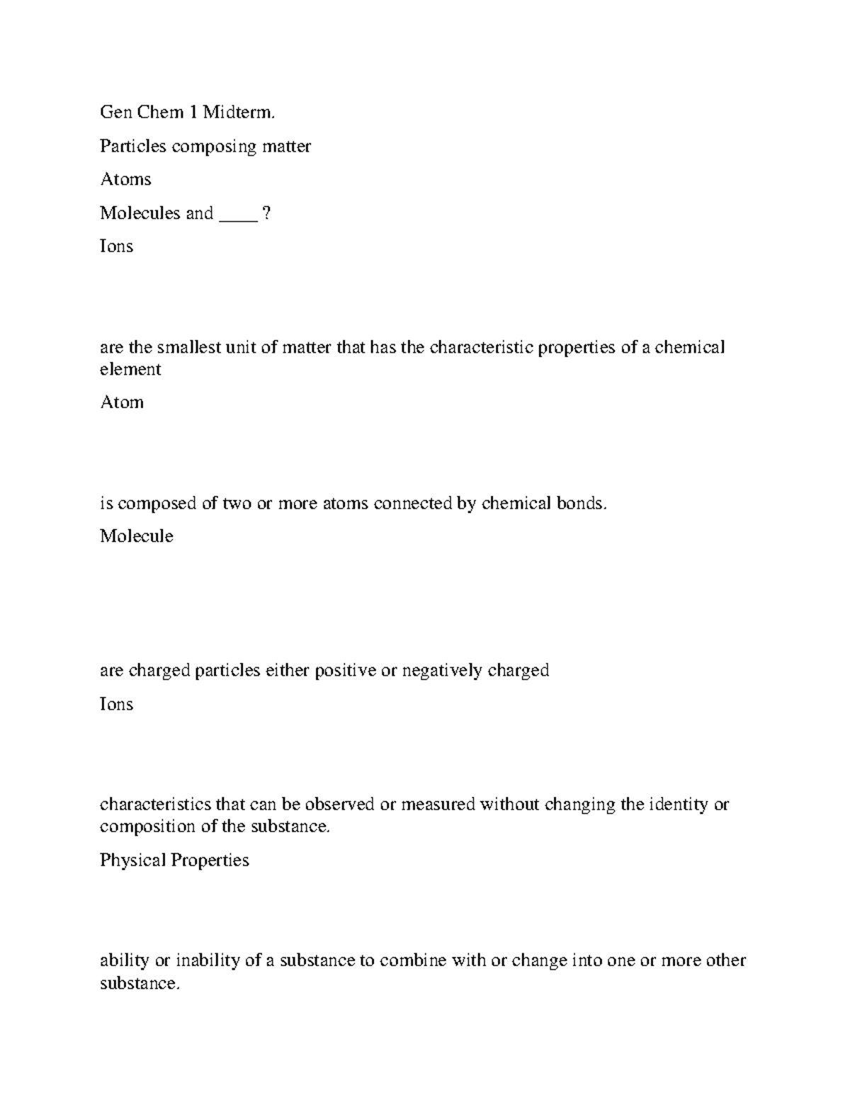 Gen Chem 1 Midterm - Gen Chem 1 Midterm. Particles composing matter ...