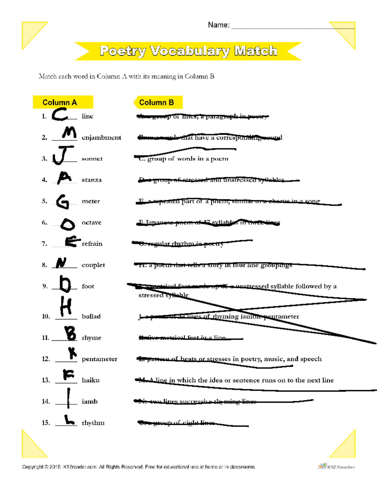 Poetry Vocabulary Match Poetry Worksheet - Name: Poetry Vocabulary ...