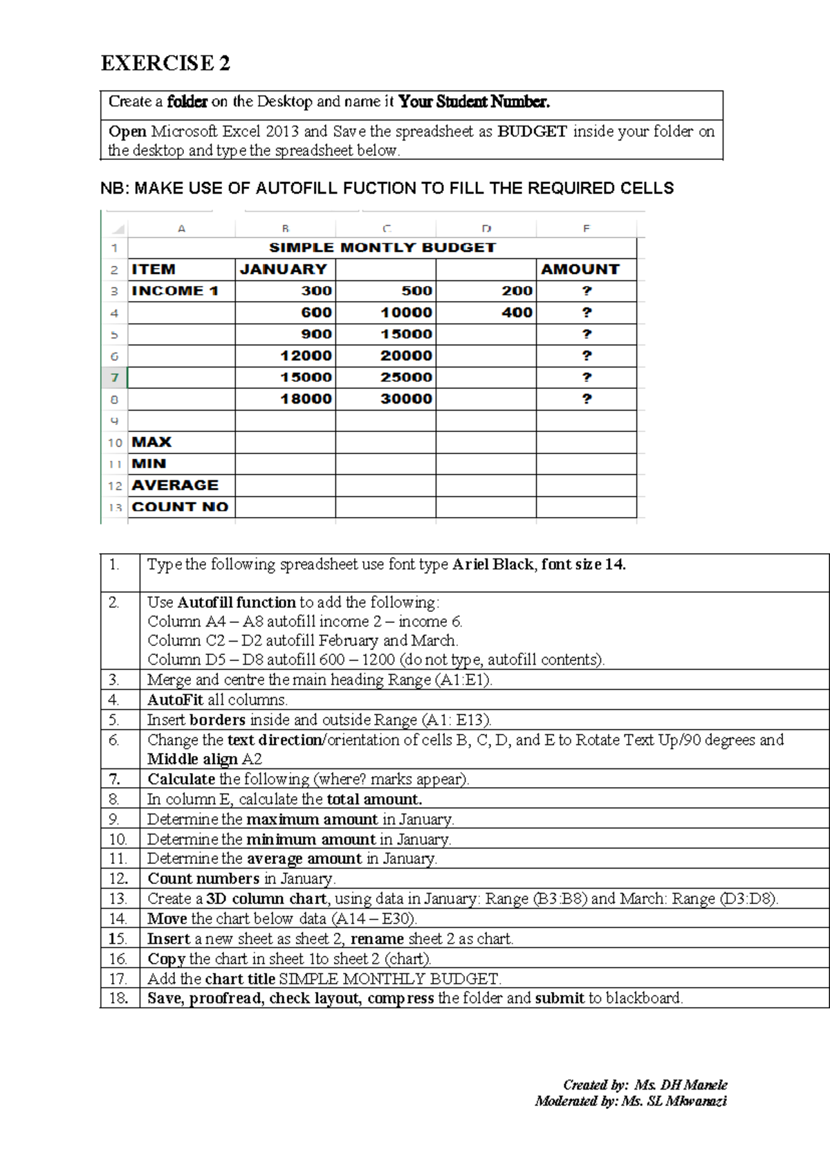 Exercise 2 - Budget - EXERCISE 2 Create a folder on the Desktop and name it Your Student Number ...