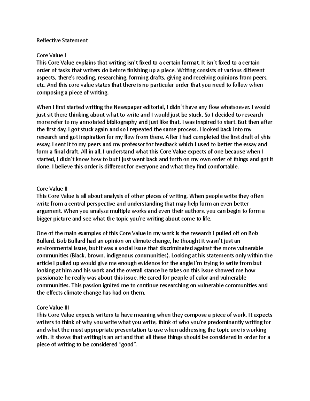 Reflective Statement - Prof: Michael Fisher - Reflective Statement Core ...