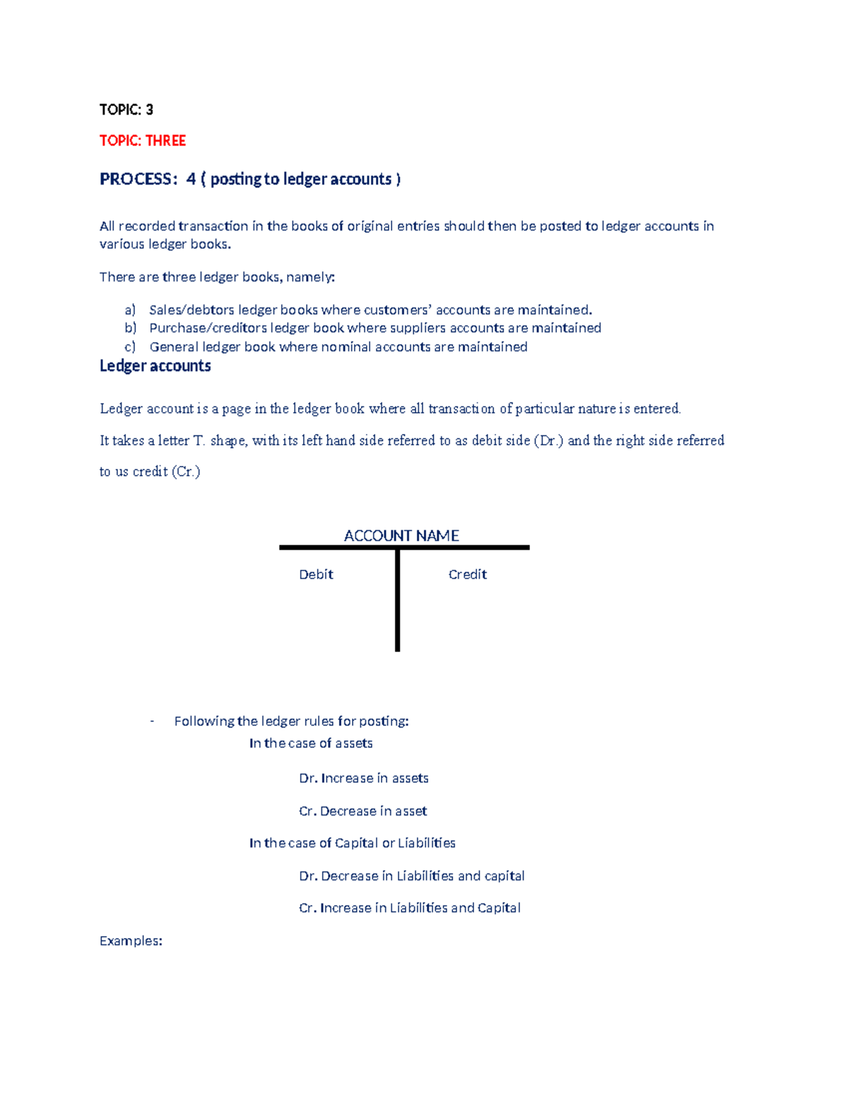 Topic 3 - TOPIC: 3 TOPIC: THREE PROCESS: 4 ( posting to ledger accounts ...