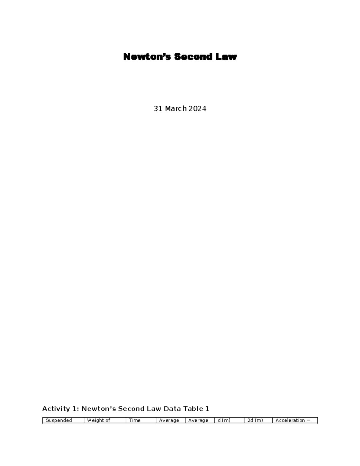 PHY 150 M4 Newton's Second Law Lab Report - Newton’s Second Law 31 ...